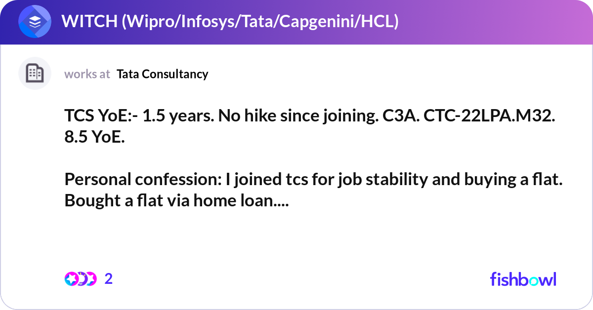 TCS YoE:- 1.5 years. No hike since joining. C3A. C... | Fishbowl TCS YoE:- 1.5 years. No hike since joining. C3A. C... | Fishbowl